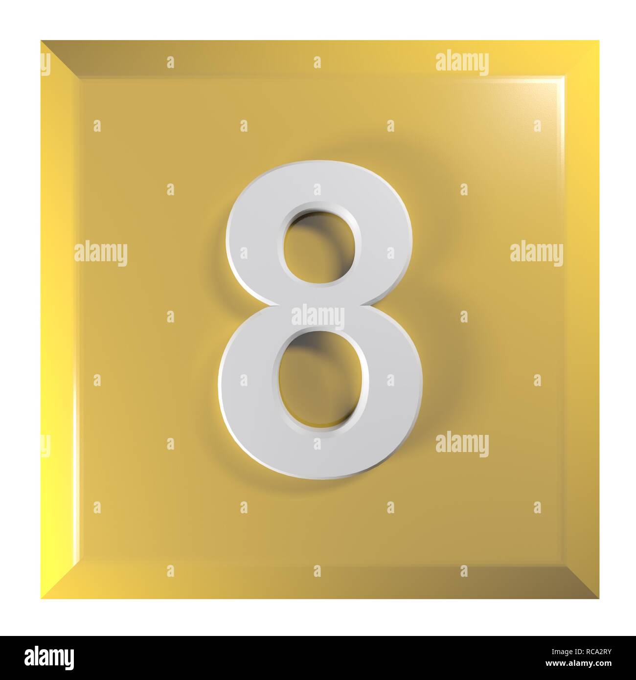 Number 8 square yellow - orange push button - 3D rendering illustration ...