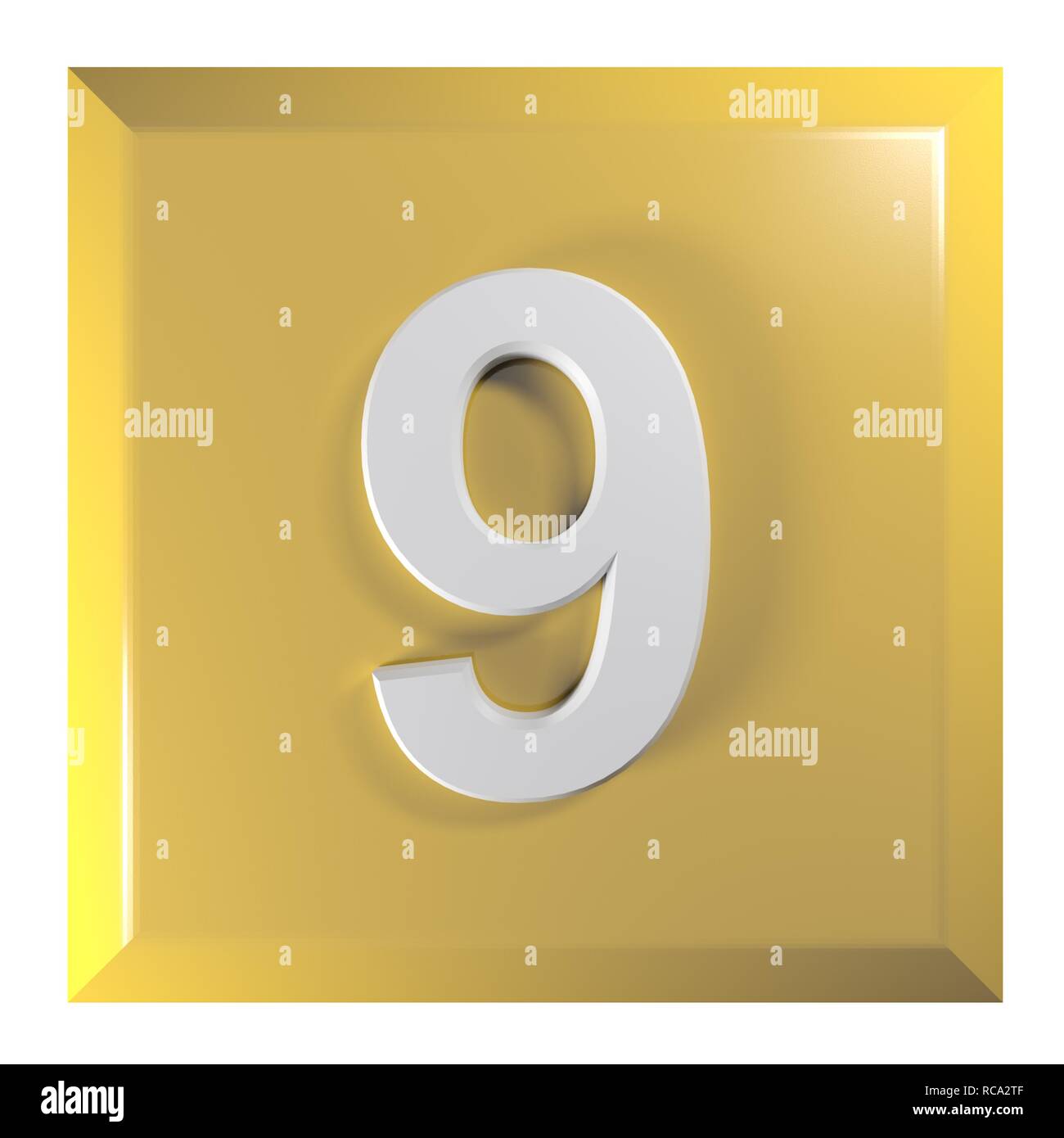 Number 9 square yellow - orange push button - 3D rendering illustration ...