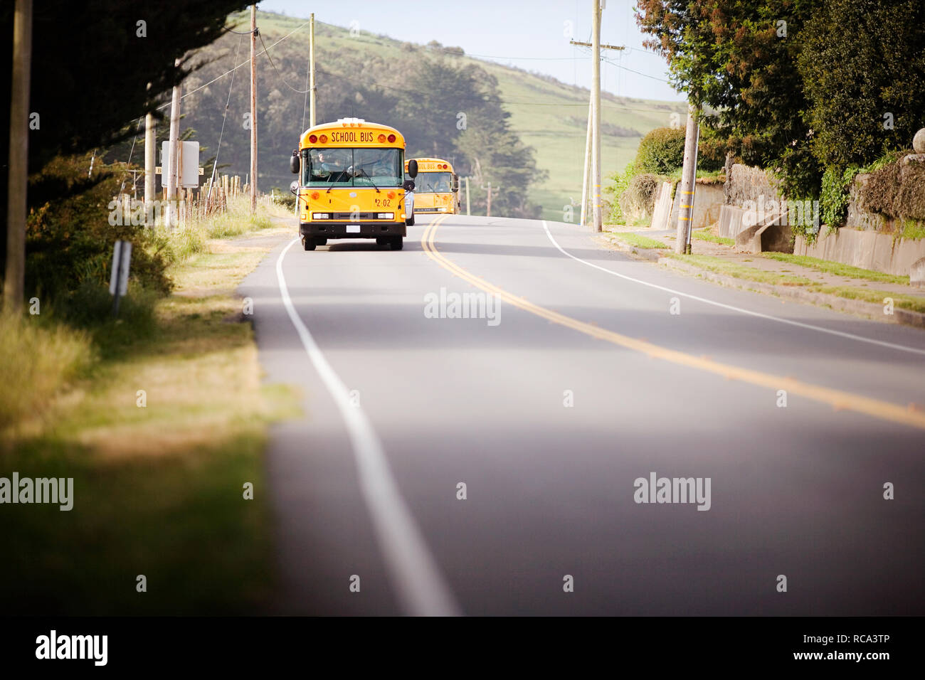 Two school busses driving along a country road Stock Photo - Alamy