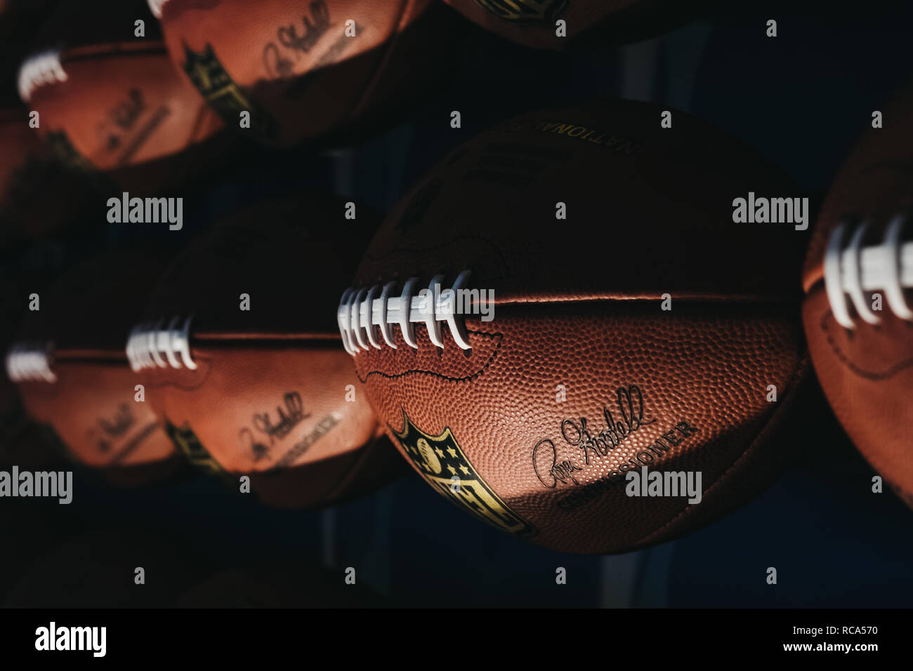 New York, USA - MAY 28, 2018: Rows of american football balls in NFL ...