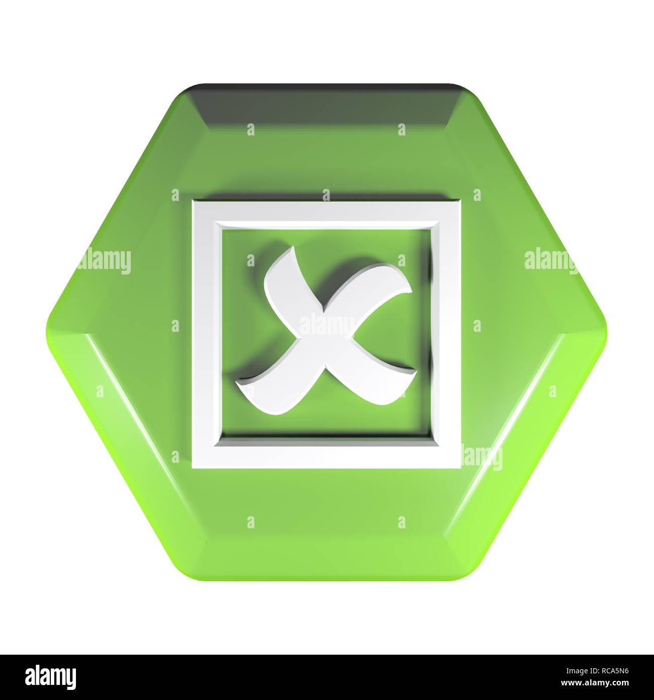 Crossed box green hexagonal push button - 3D rendering illustration ...
