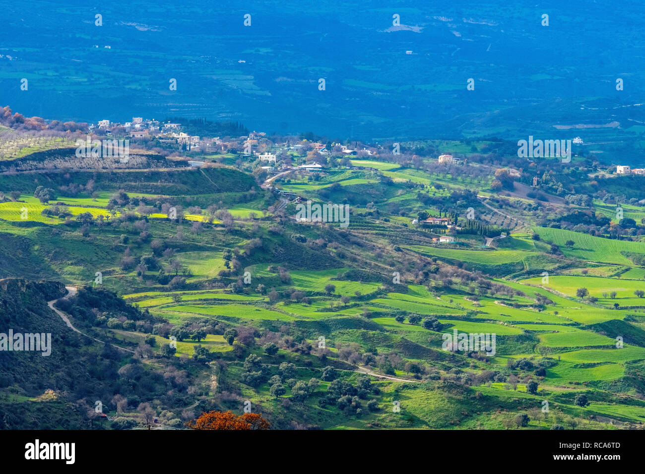 A view of green farmland after winter rain near Fyti village, Cyprus ...