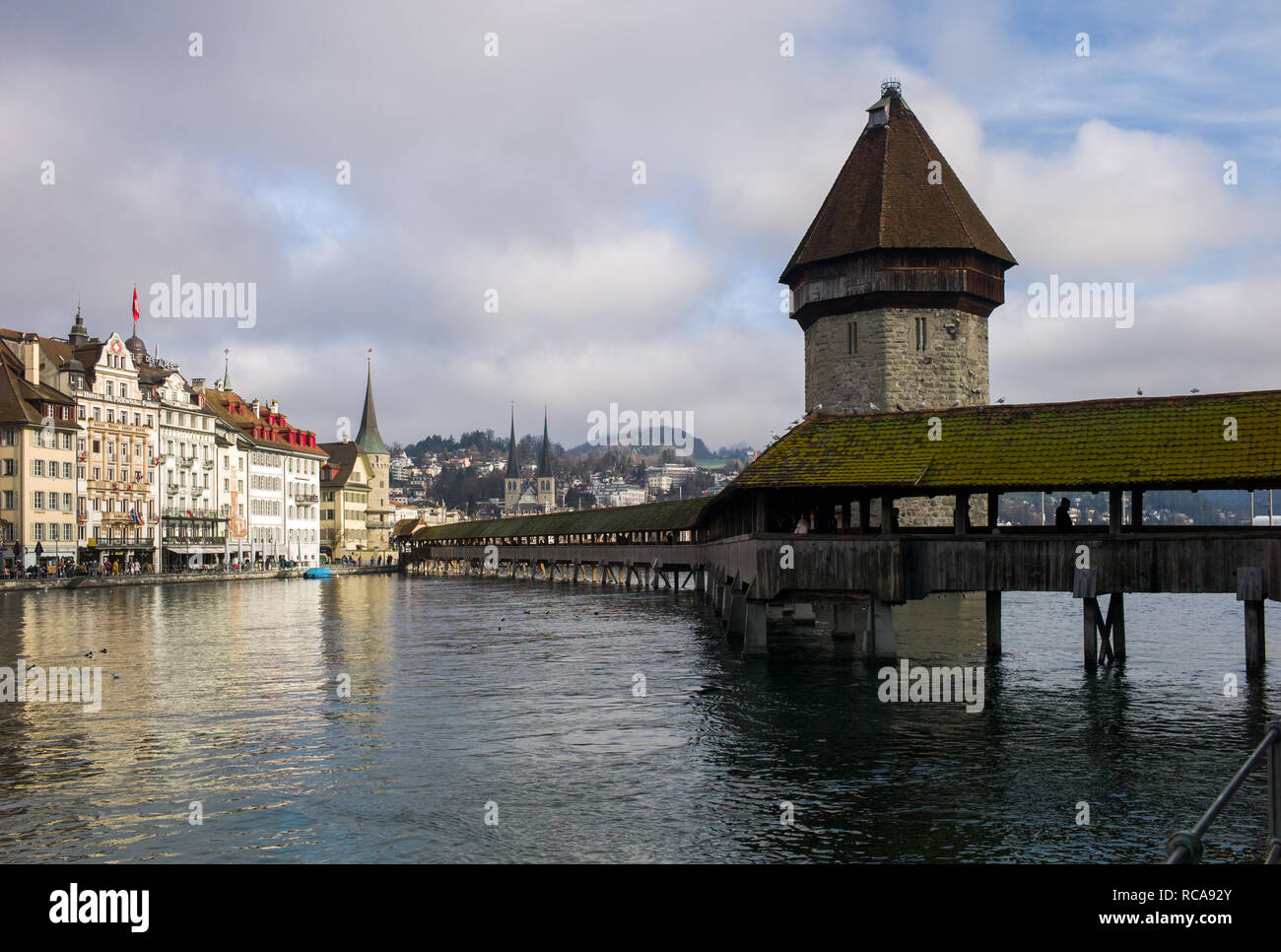 View of Lucerne and Chapel Bridge over Reuss River, Switzerland Stock ...