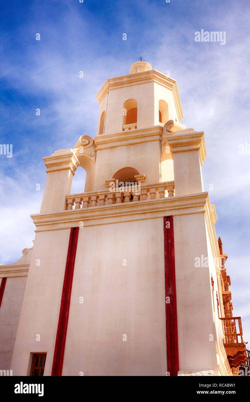 The bell tower of the Mission San Xavier del Bac in Tucson, AZ Stock ...
