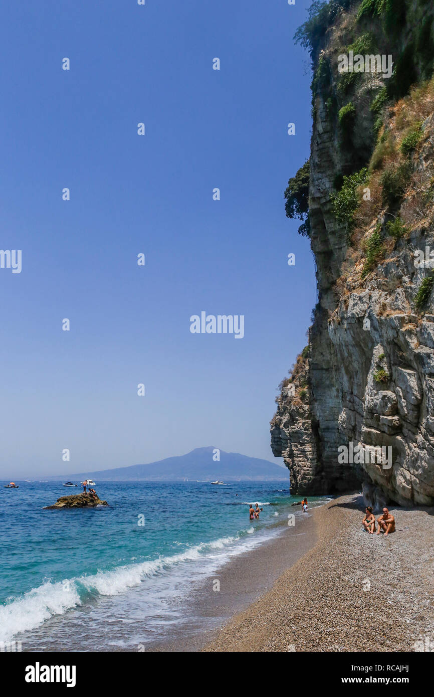 The beach on Amalfi Coast, the volcano Mount Vesuvius in the background ...