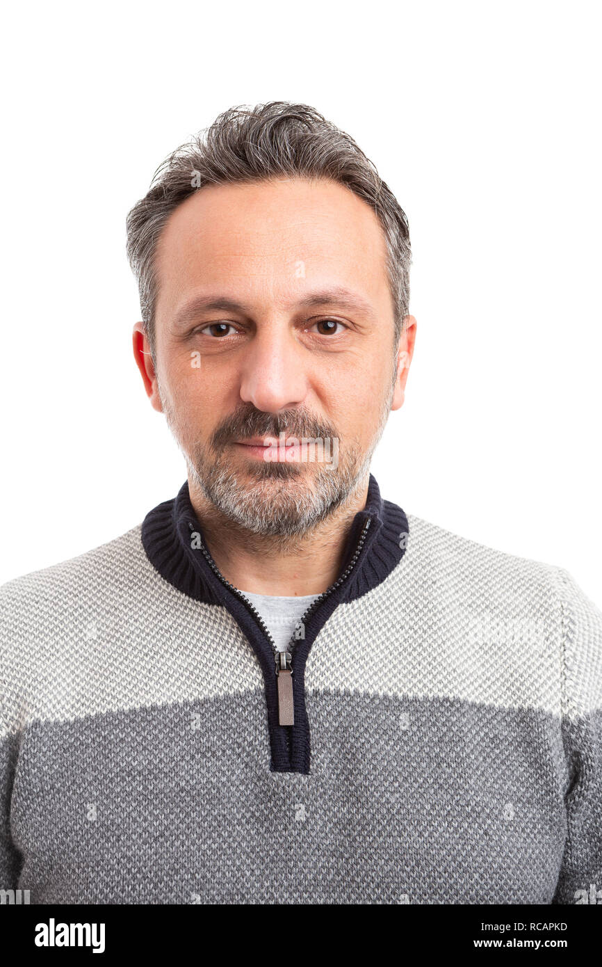 Photo of man with serious smile wearing striped winter sweater isolated ...