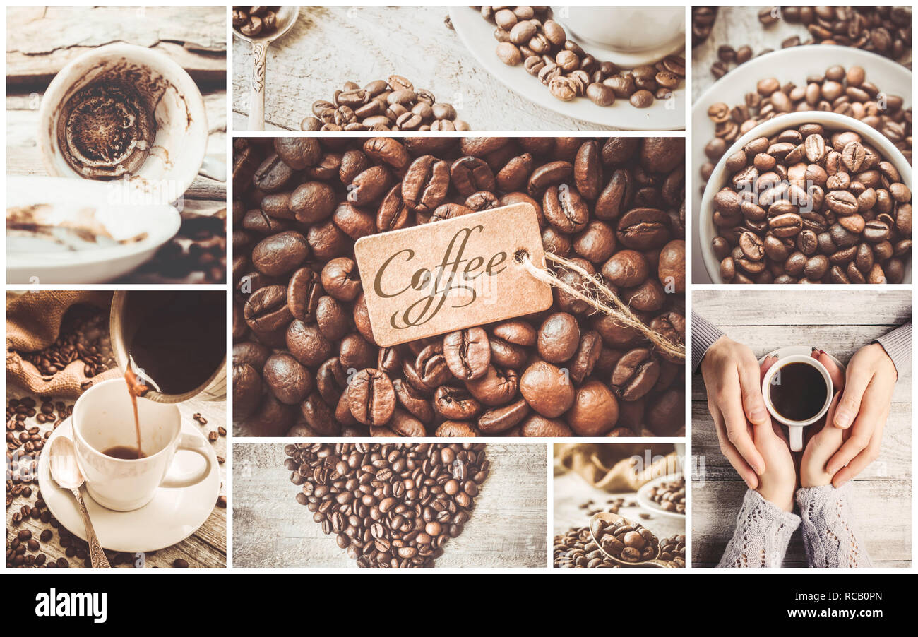 collage many pictures of coffee. Selective focus Stock Photo - Alamy