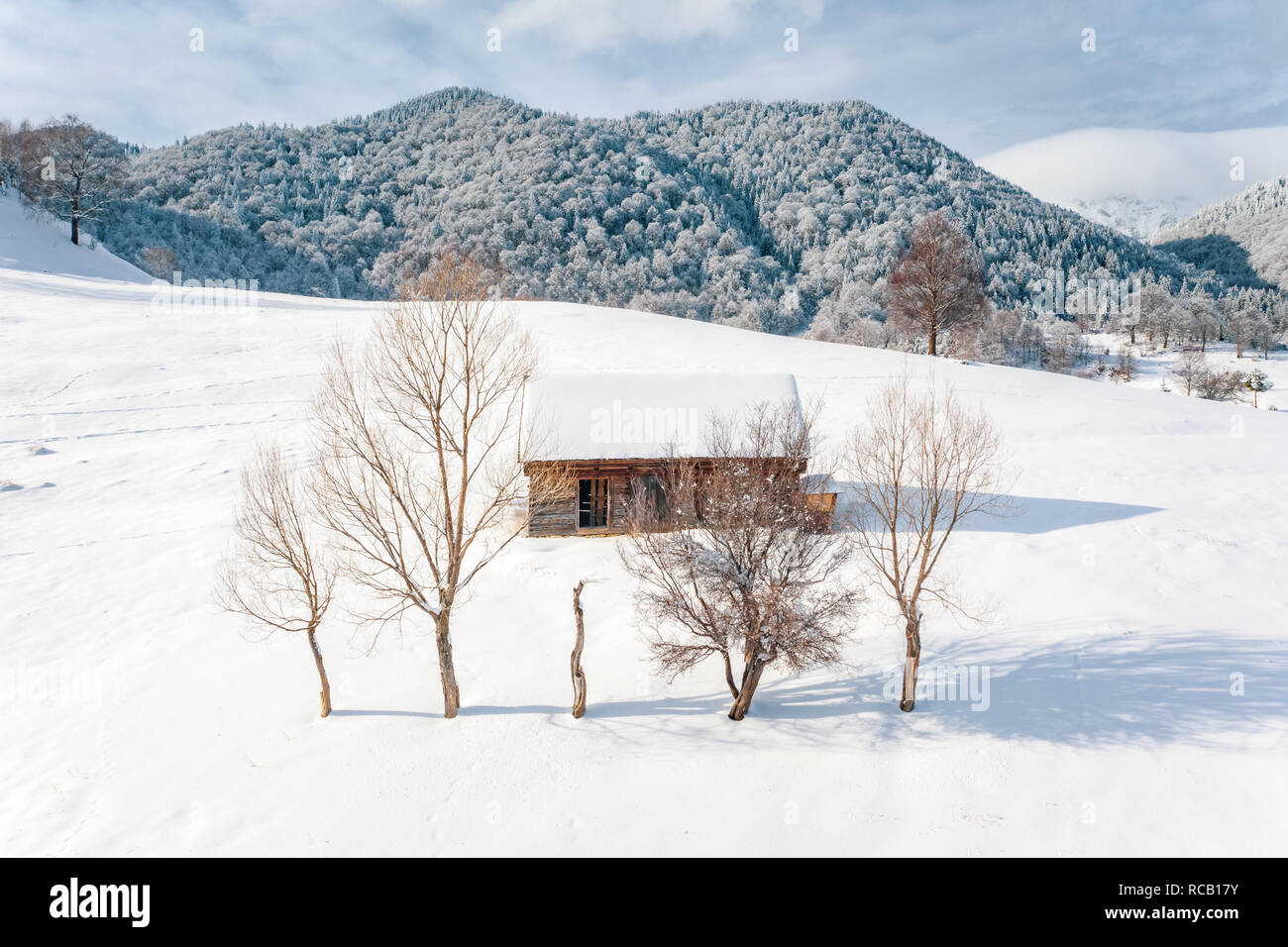 Traditional peasant house covered with snow in the Pestera Village near ...