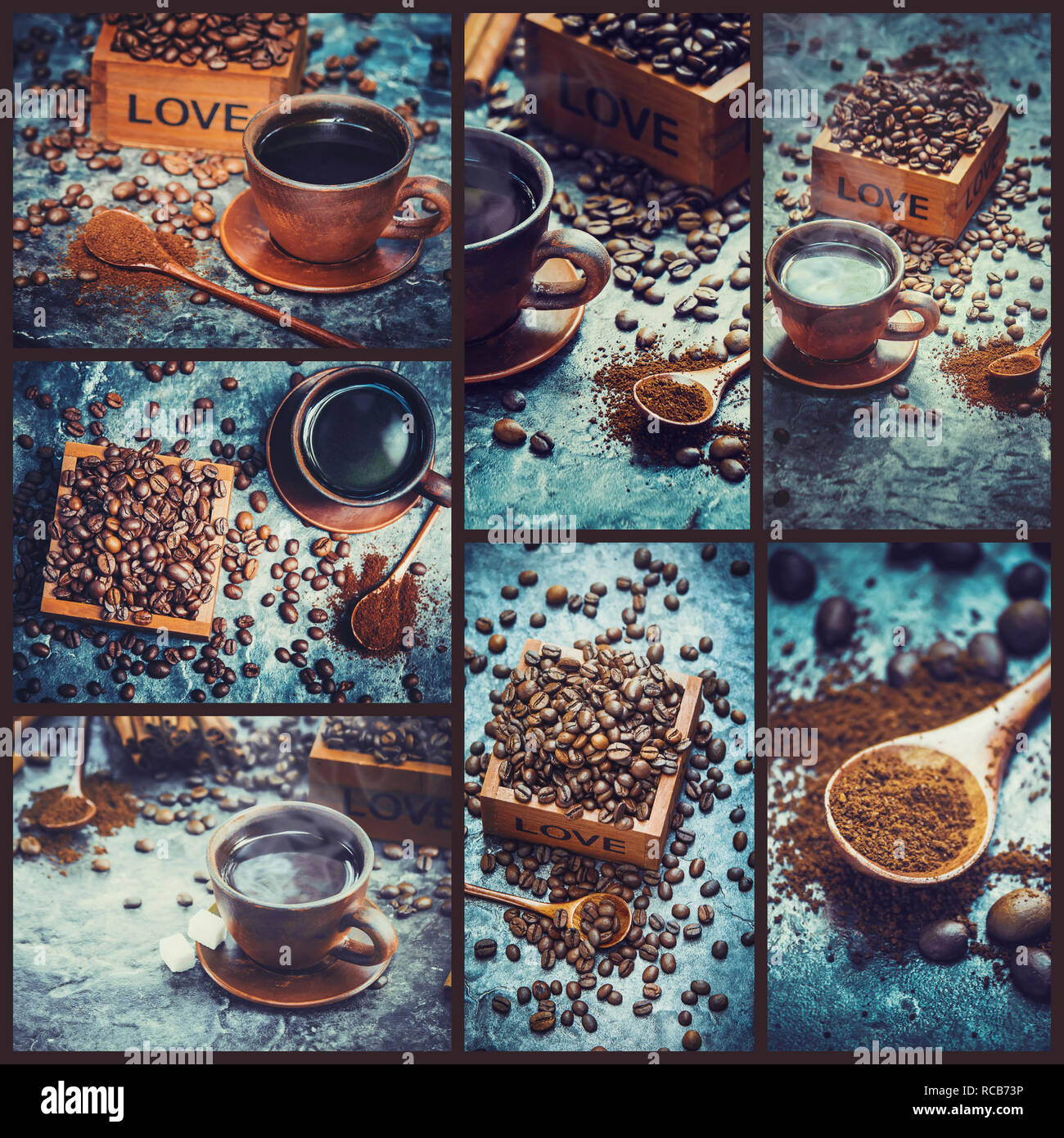 collage many pictures of coffee. Selective focus Stock Photo - Alamy