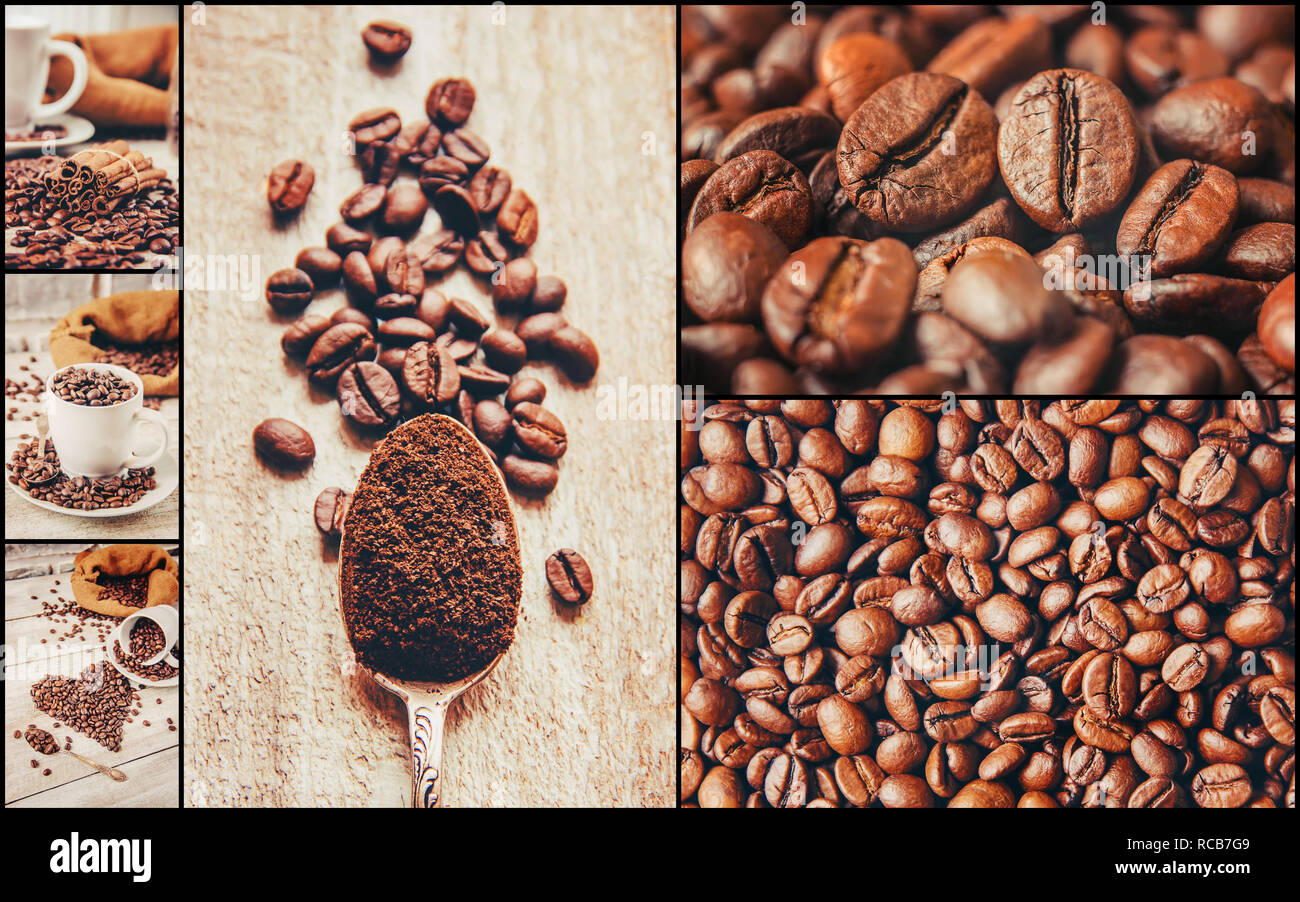 collage many pictures of coffee. Selective focus Stock Photo - Alamy