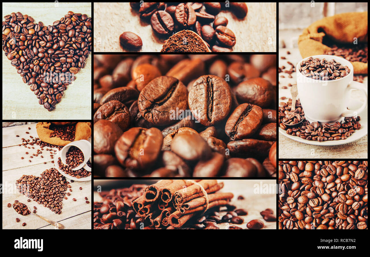 collage many pictures of coffee. Selective focus Stock Photo - Alamy
