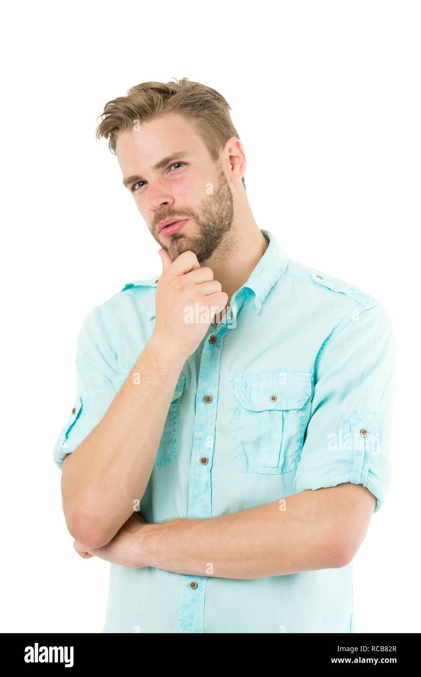 Think to solve. Close to solution. Man with bristle serious face ...