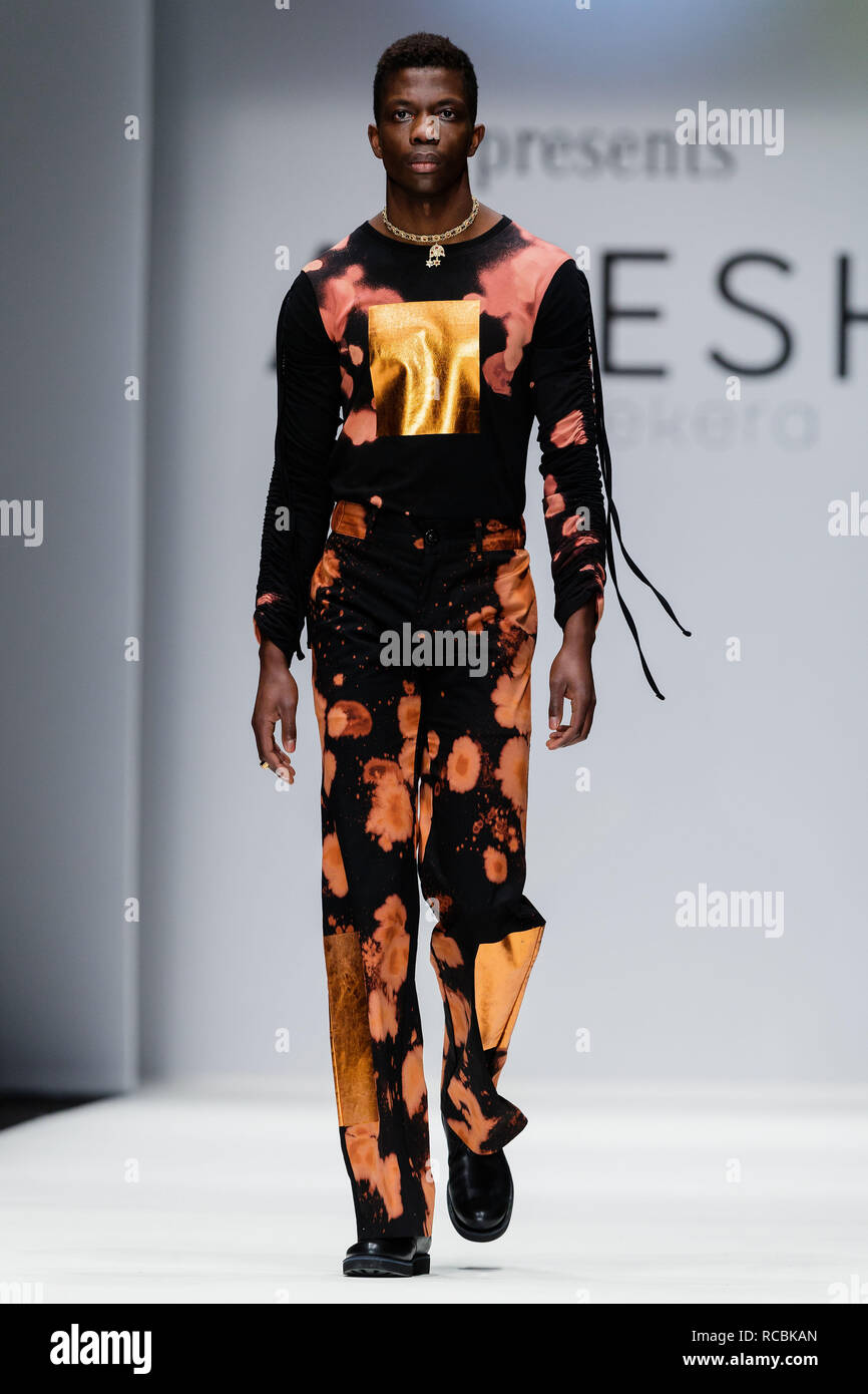 Berlin, Germany. 15th Jan, 2019. A model displays a creation of Sri ...