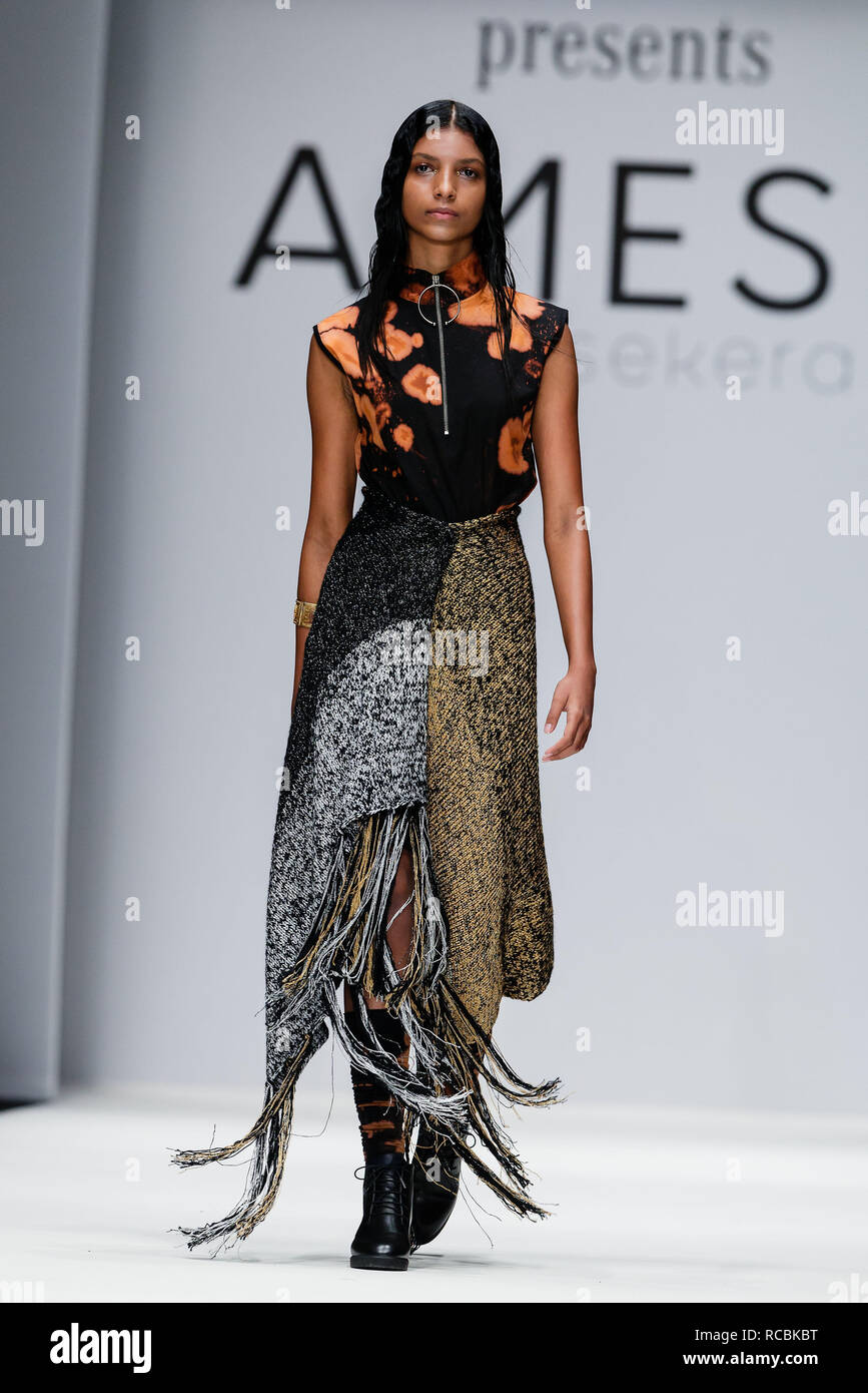 Berlin, Germany. 15th Jan, 2019. A model displays a creation of Sri ...