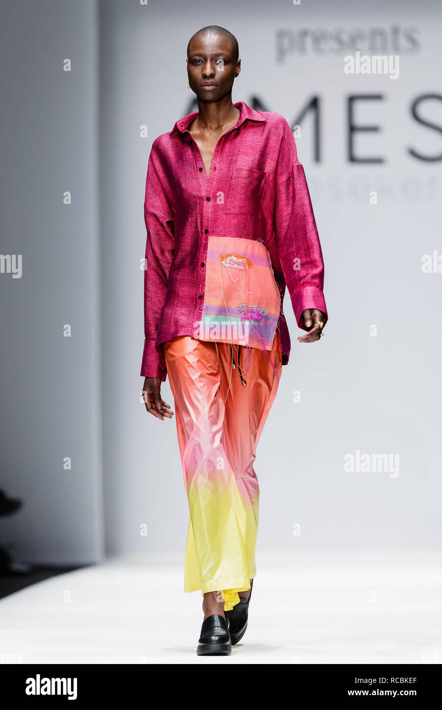 Berlin, Germany. 15th Jan, 2019. A model displays a creation of Sri ...