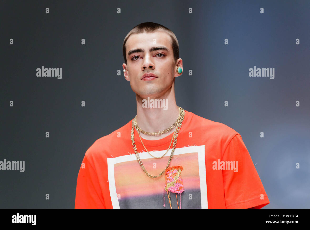 Berlin, Germany. 15th Jan, 2019. A model displays a creation of Sri ...