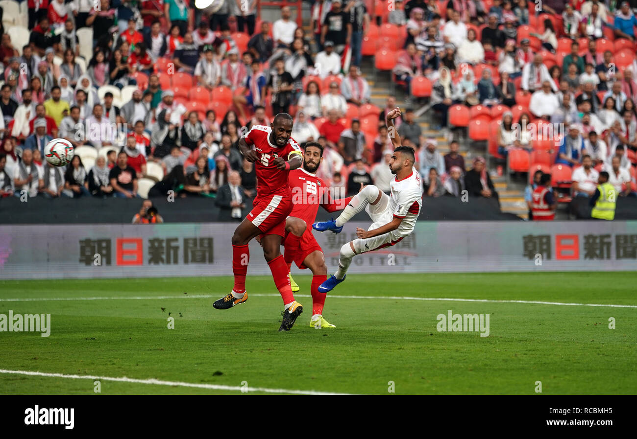 January 15, 2019 : Ahmed Samir of Jordan shooting on goal in front of ...