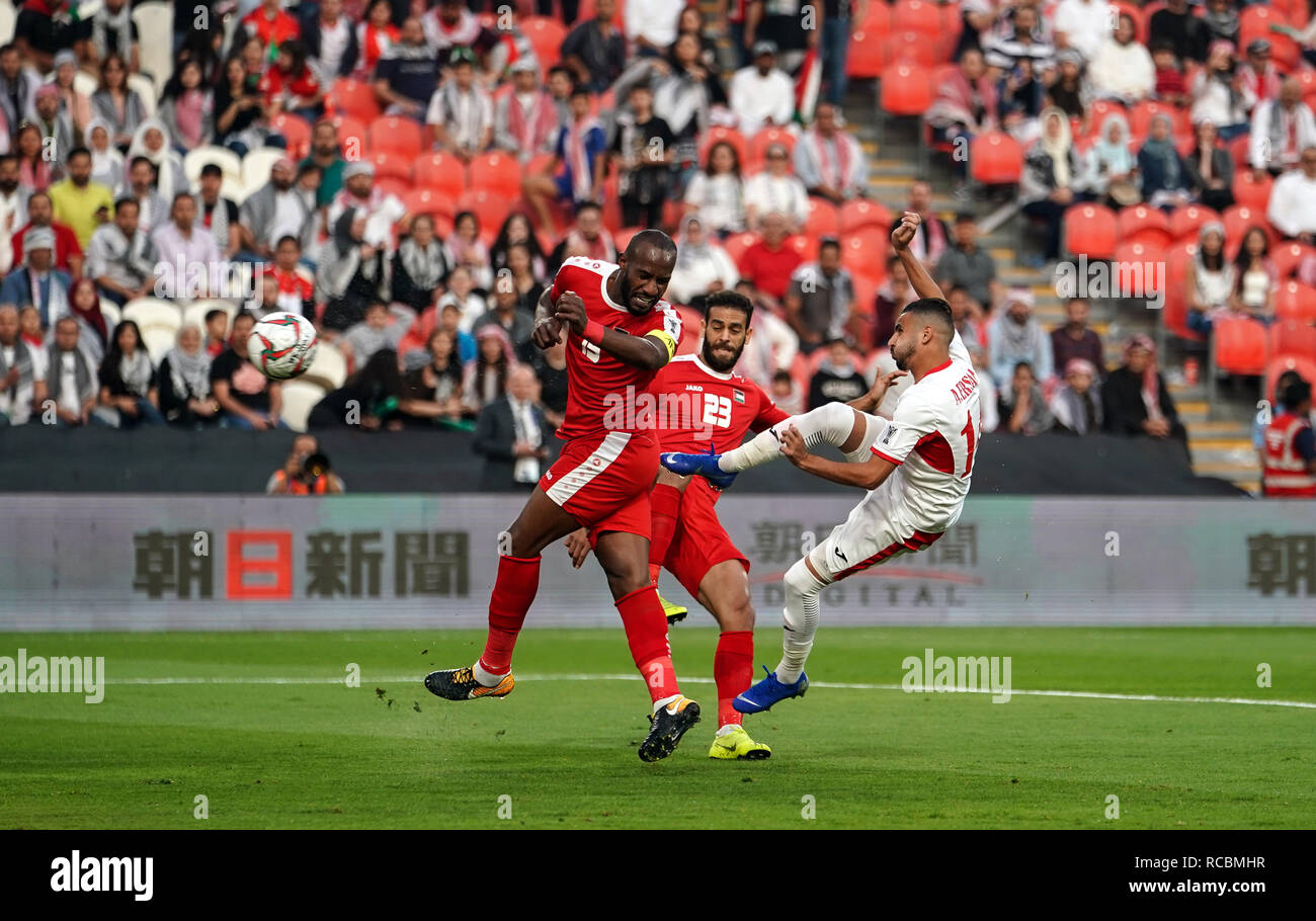 January 15, 2019 : Ahmed Samir of Jordan shooting on goal in front of ...