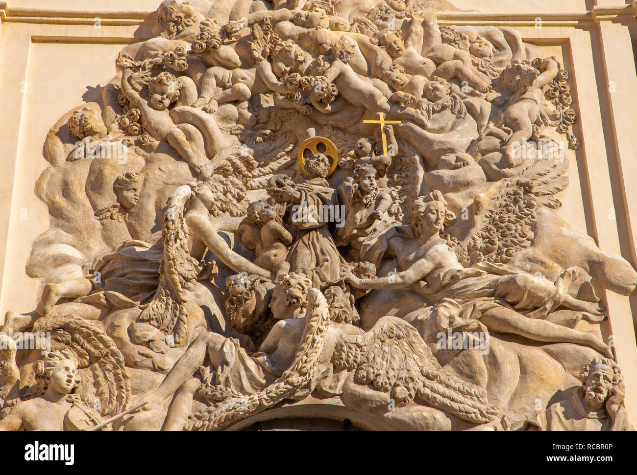 PRAGUE, CZECH REPUBLIC - OCTOBER 18, 2018: Baroque relief of apostle St ...