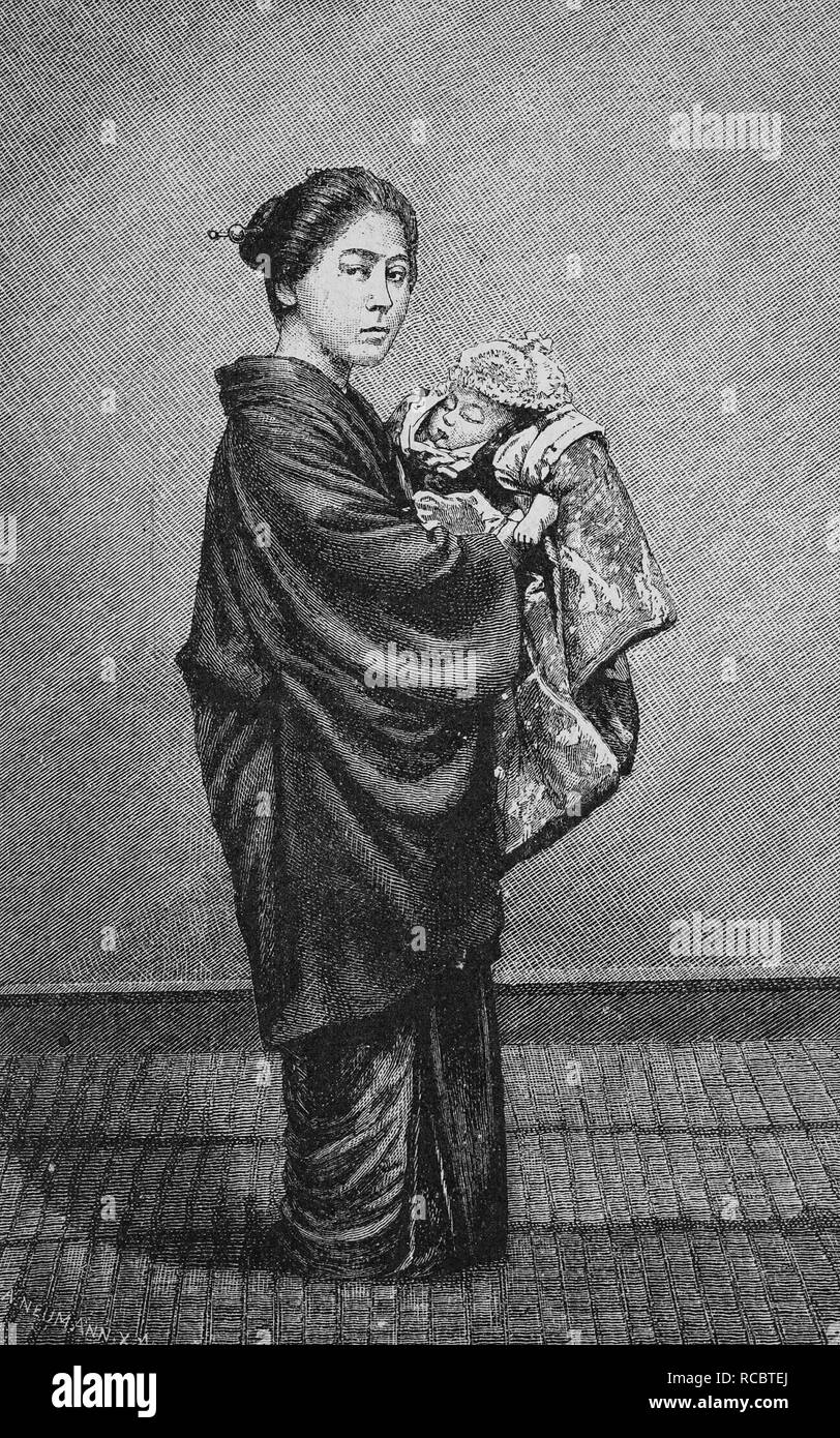 Japanese women's lives, Japanese mother, historic engraving, 1883 Stock ...