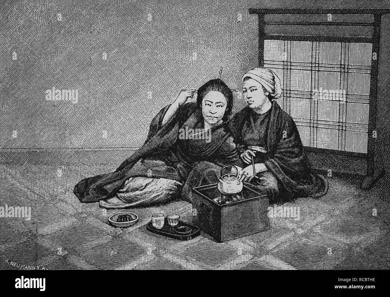 Japanese women's lives, drinking tea, historic engraving, 1883 Stock ...