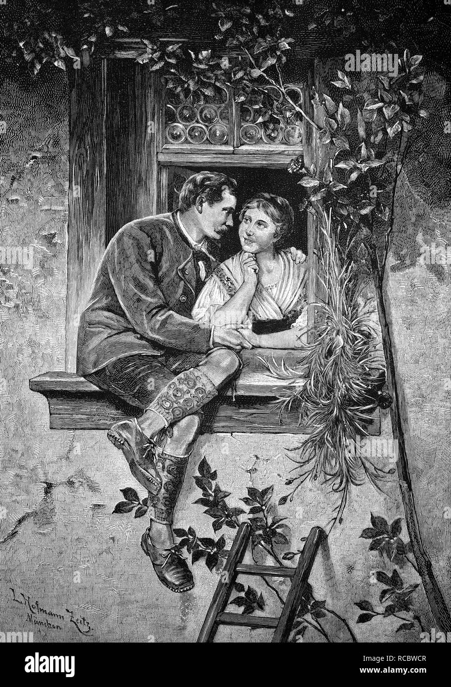 Man climbing up to his sweetheart's window, historical engraving of ...