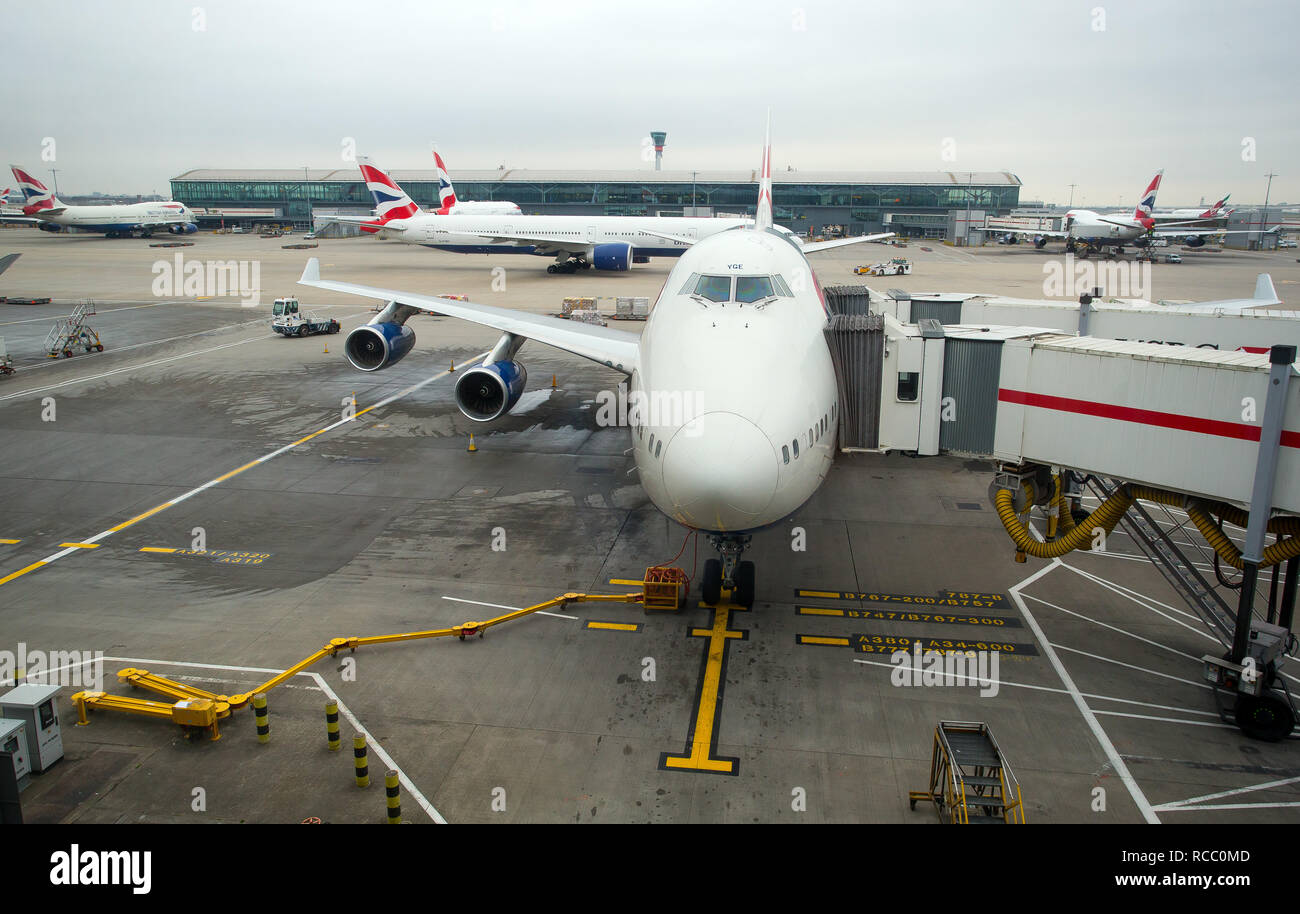 A British Airways Jumbo Jet Boeing 747 on stand at Heathrow Terminal 5 ...
