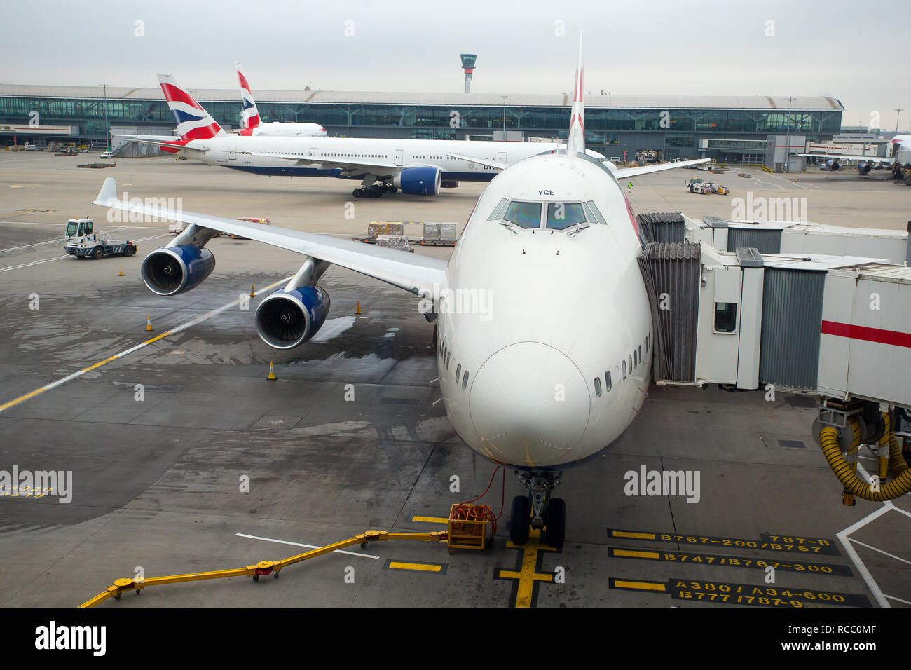 A British Airways Jumbo Jet Boeing 747 on stand at Heathrow Terminal 5 ...