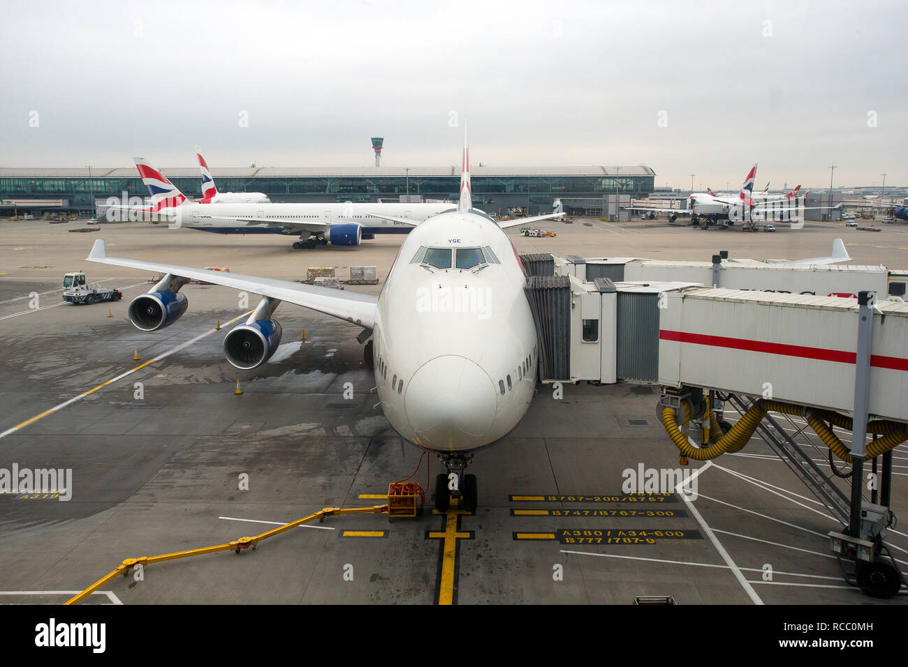A British Airways Jumbo Jet Boeing 747 on stand at Heathrow Terminal 5 ...
