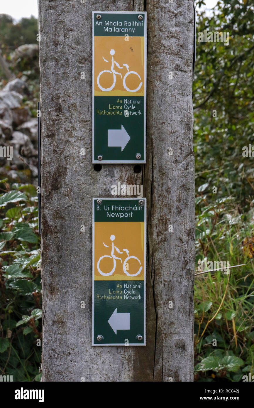 Cycling route sign on the Great Western Greenway, a former railway line ...