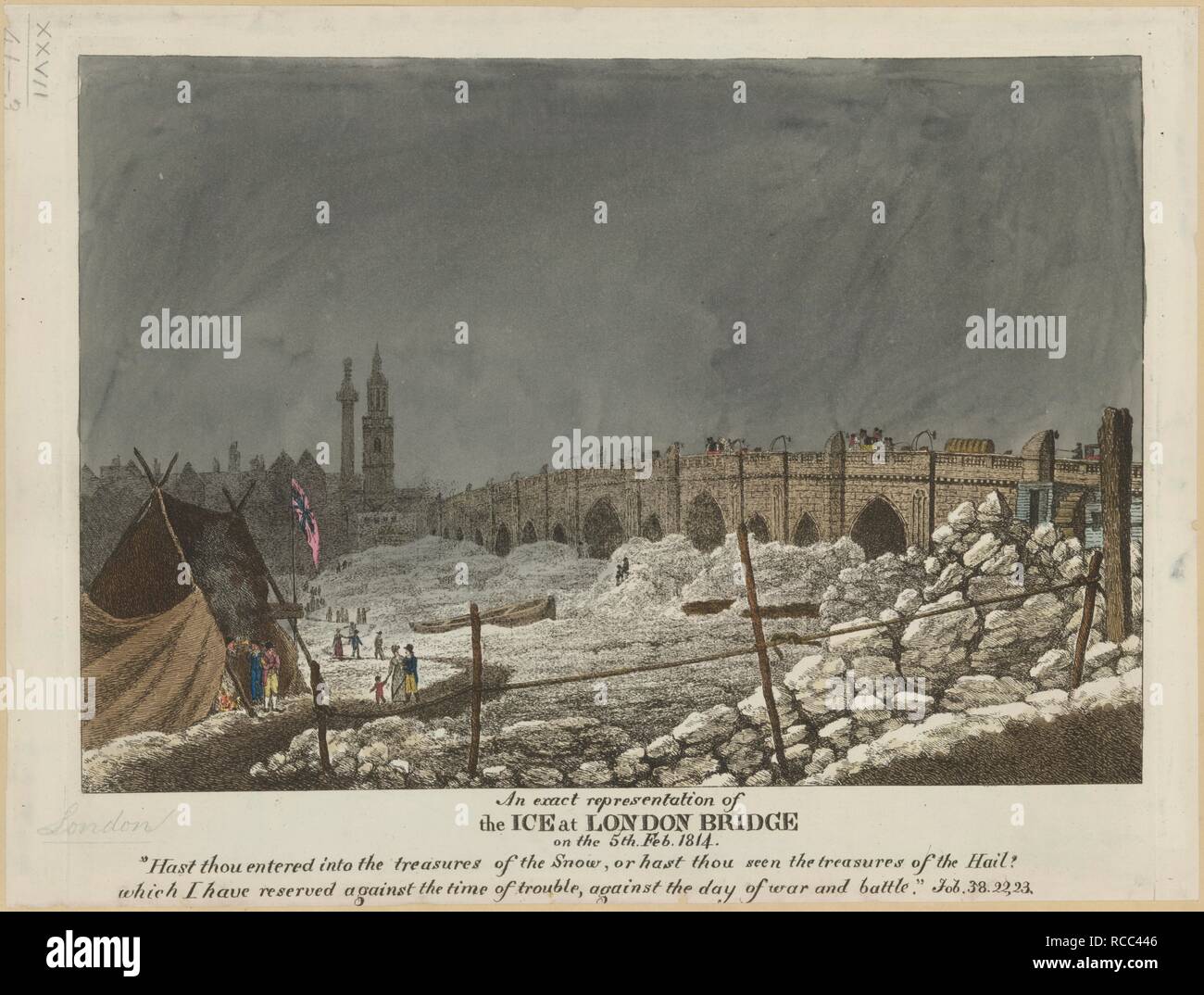 Ice at London Bridge. The River Thames frozen. An exact representation ...