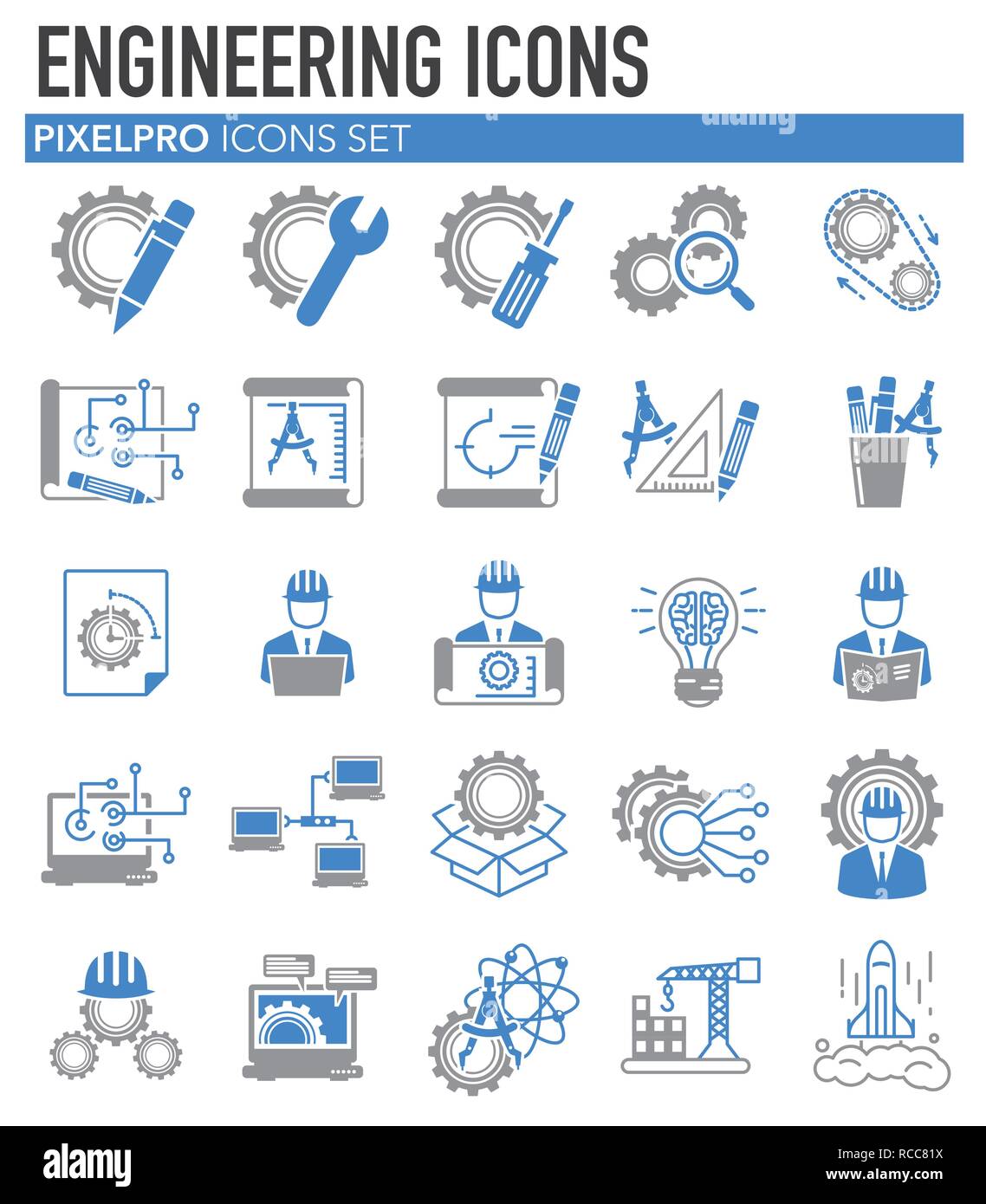 Engineering grey and blue icons set on white background for graphic and ...