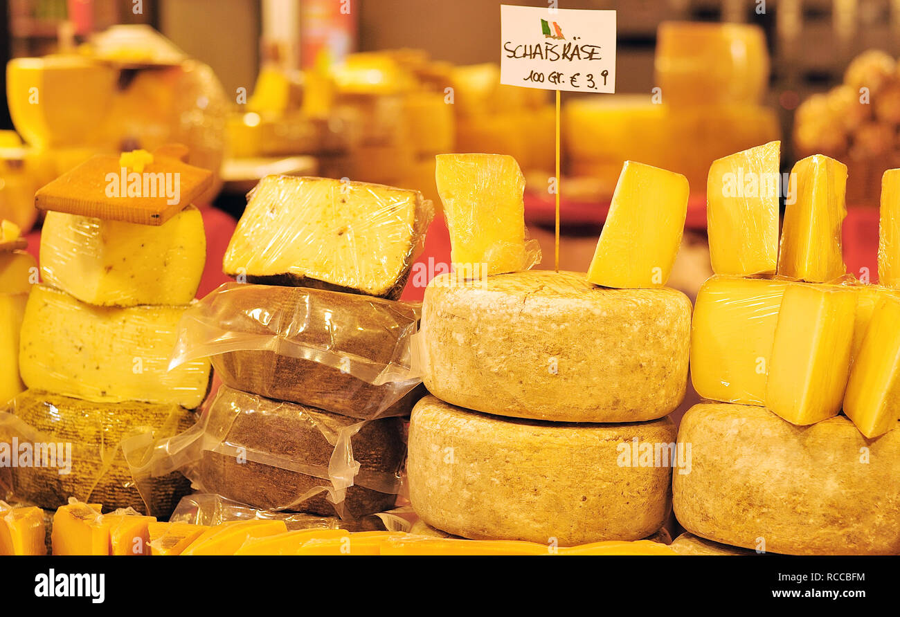 cheese on market stall labeled in german language: sheep cheese Stock ...