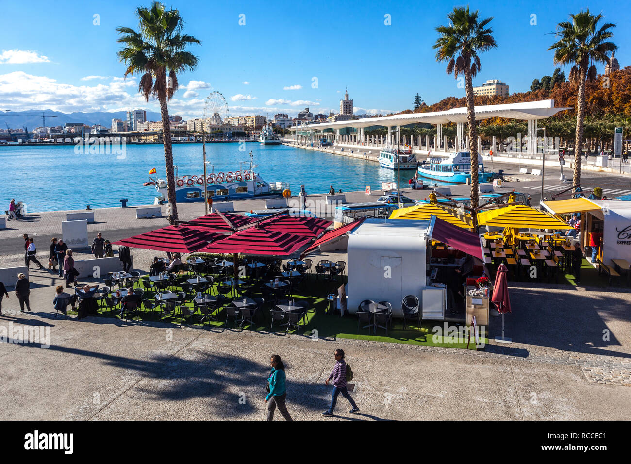Malaga harbour Port Bar and restaurant on Muele Uno Malaga Spain Stock ...