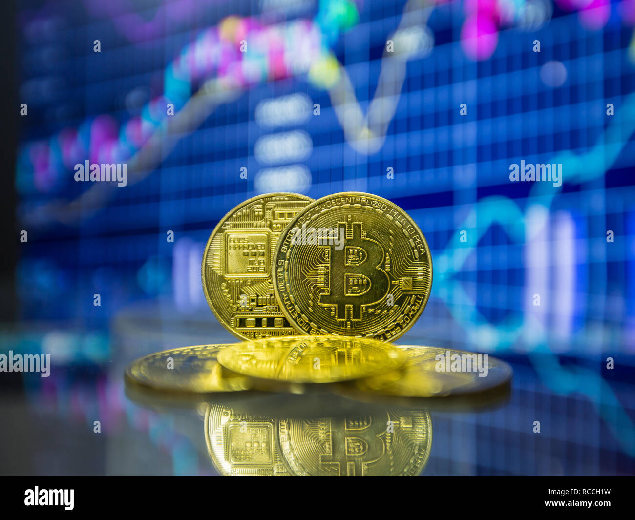 Gold bitcoins with digital background.Golden coin with icon letter B ...