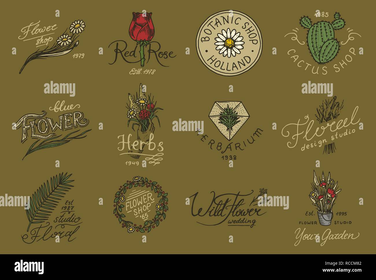 Flower shop emblems and logo. Vintage bouquet. Gardening signs and ...