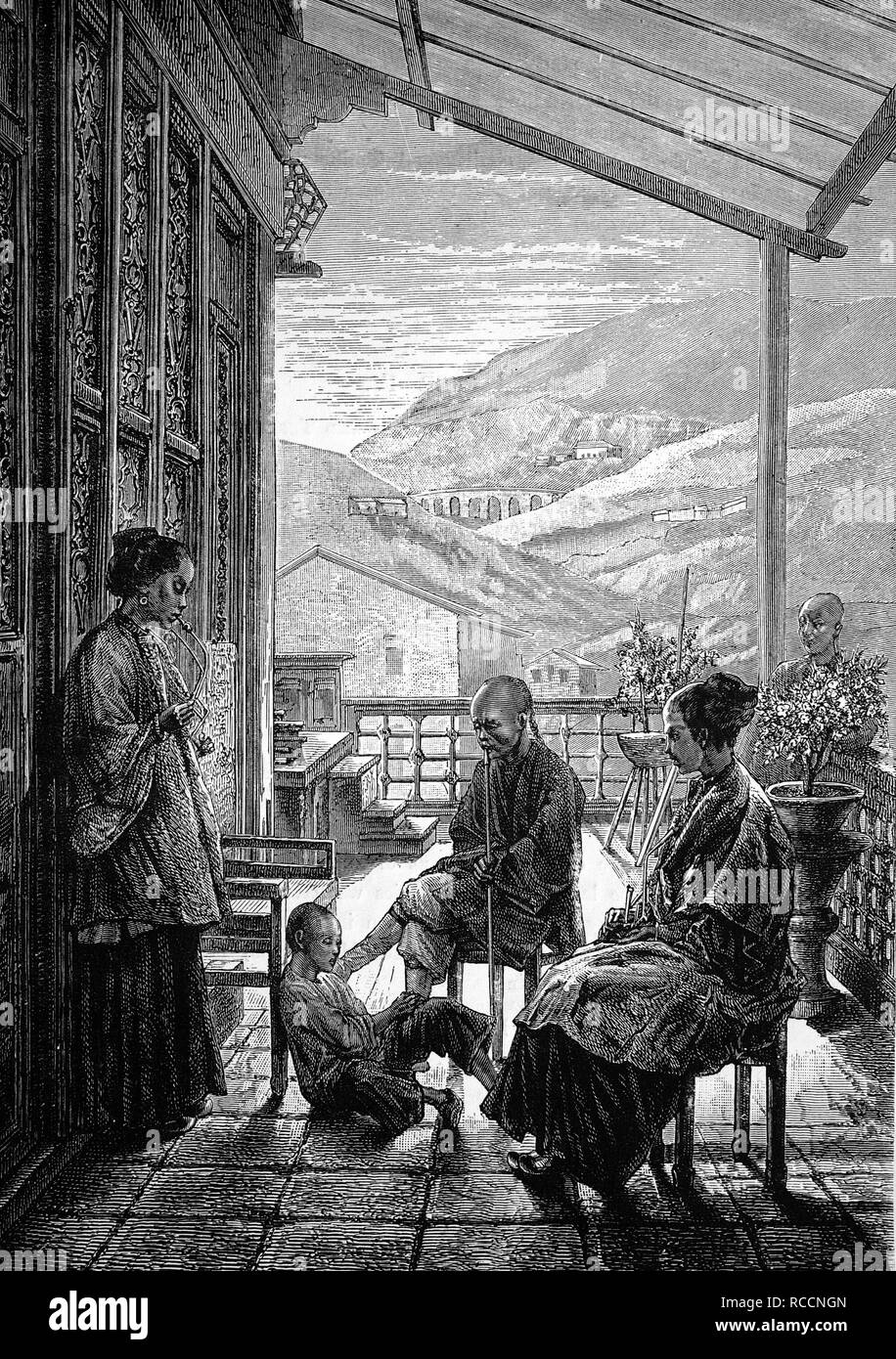 Family scene in ancient China, historical illustration, wood engraving ...