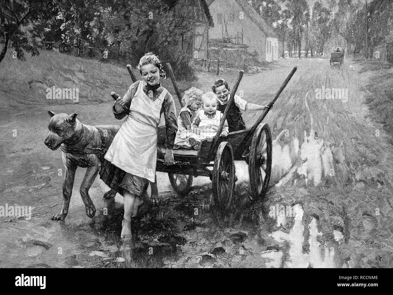 Children playing in the streets, historic wood engraving, about 1897 ...