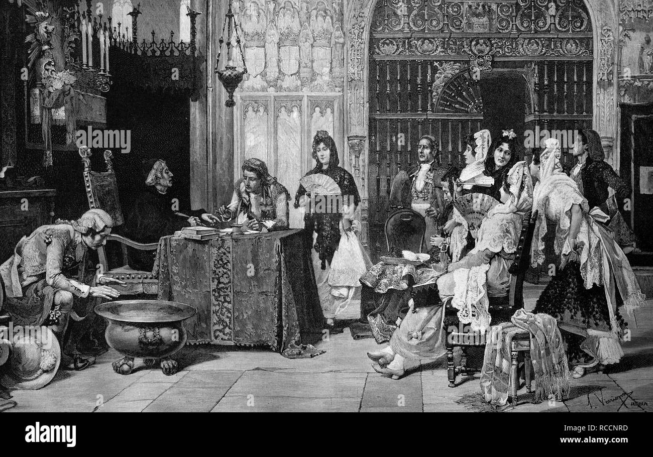 Marriage contract of the nobles, historic wood engraving, about 1897 ...
