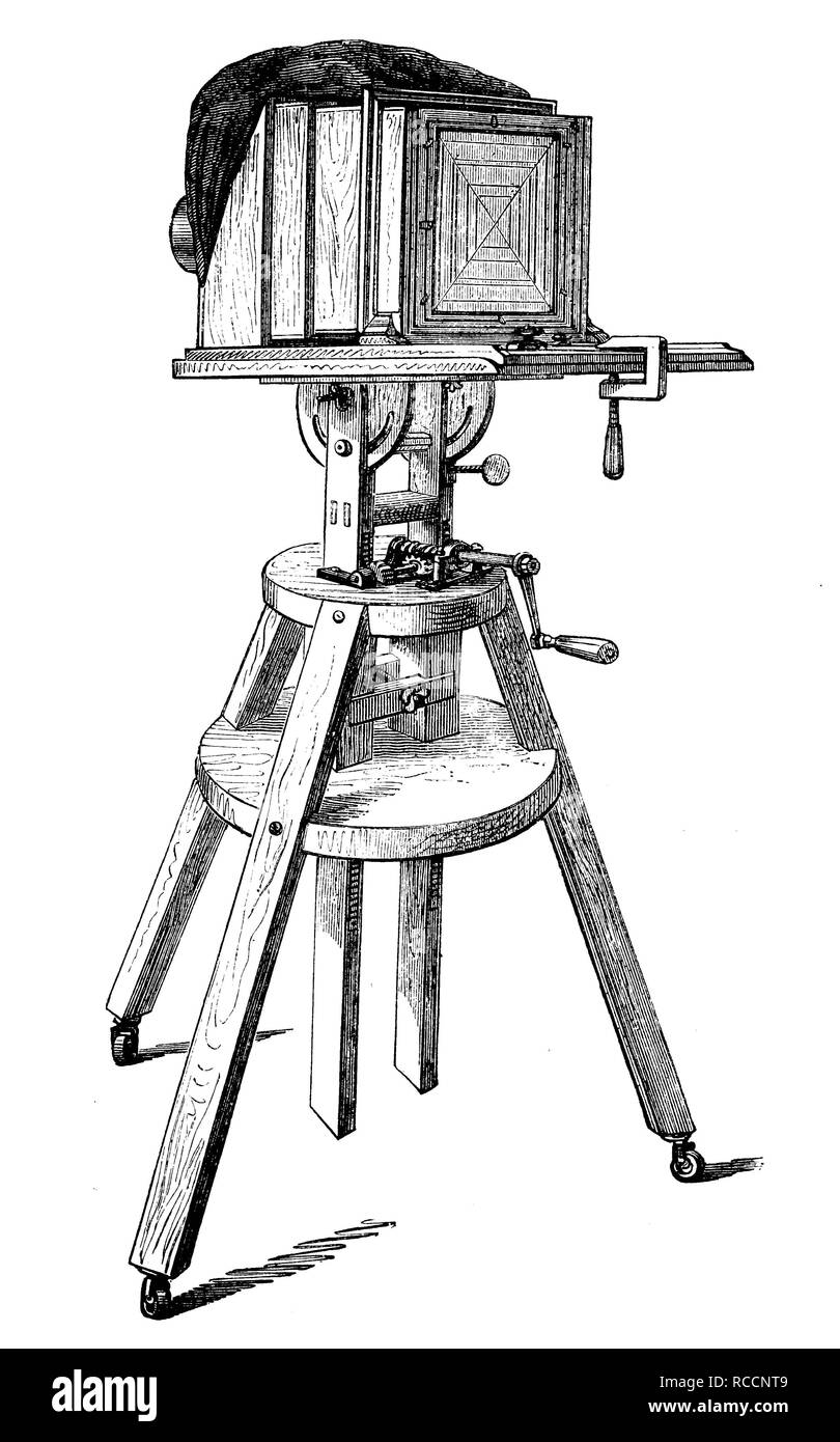 Camera, plate camera on a tripod, historical wood engraving, circa 1888 ...