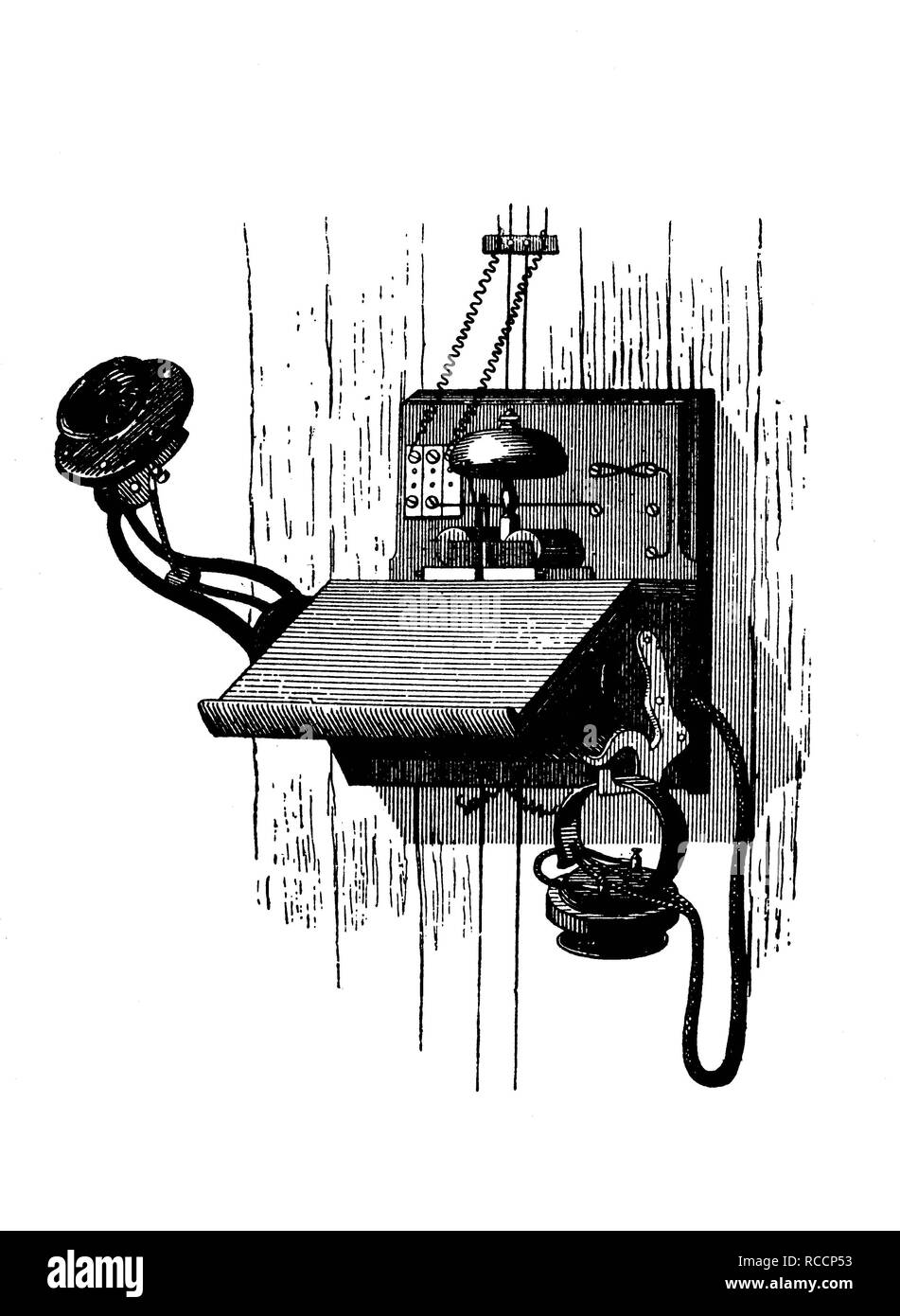 Historical telephone, Edison system, historic wood engraving, about ...