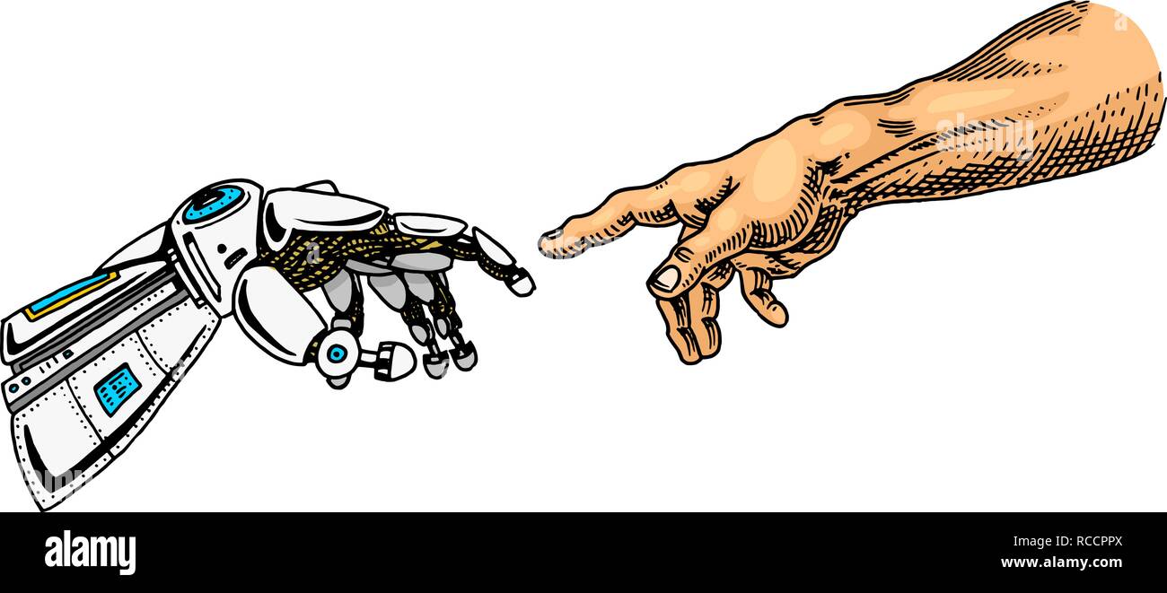 Hand touch. Android and human. Artificial intelligence Banner. Bionic ...