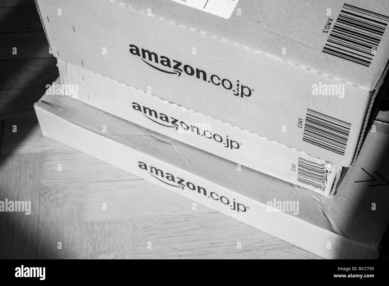 Stack of amazon boxes Black and White Stock Photos & Images - Alamy