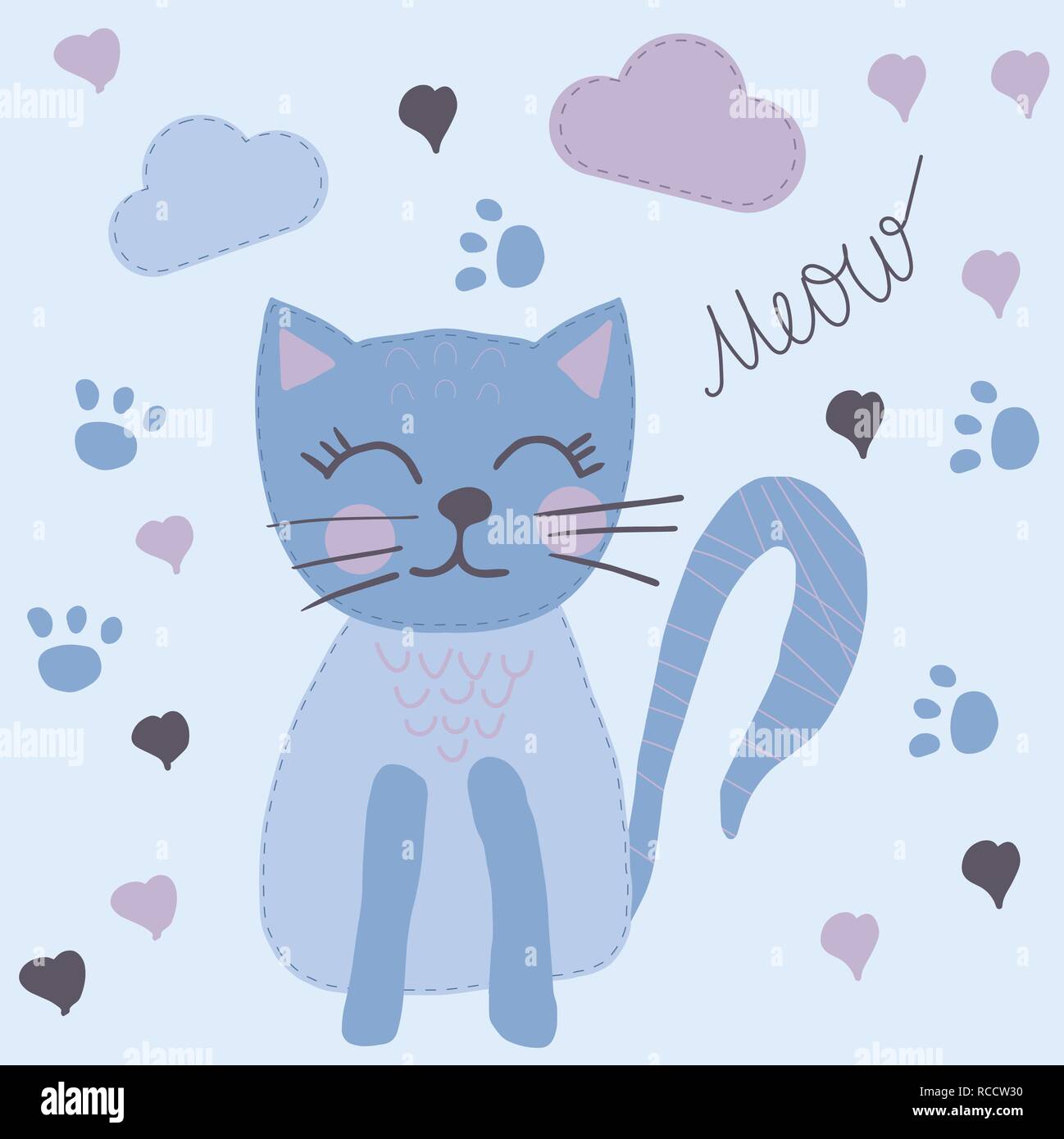 Cute Hand Drawn Cartoon Blue Cat Stock Vector Image & Art - Alamy