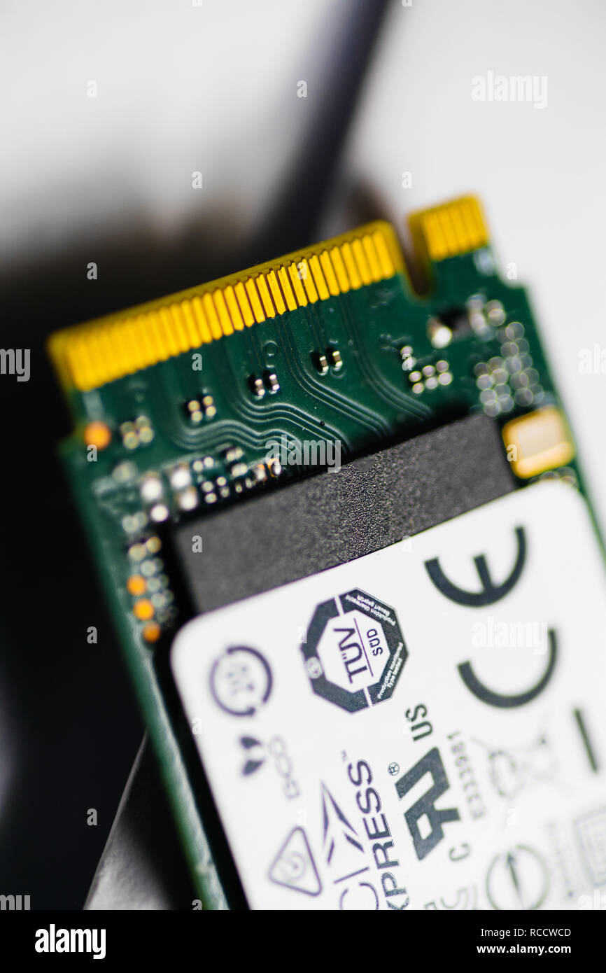 PARIS, FRANCE - JAN 6, 2018: Detail of the PCIE NVME fast ssd connector ...