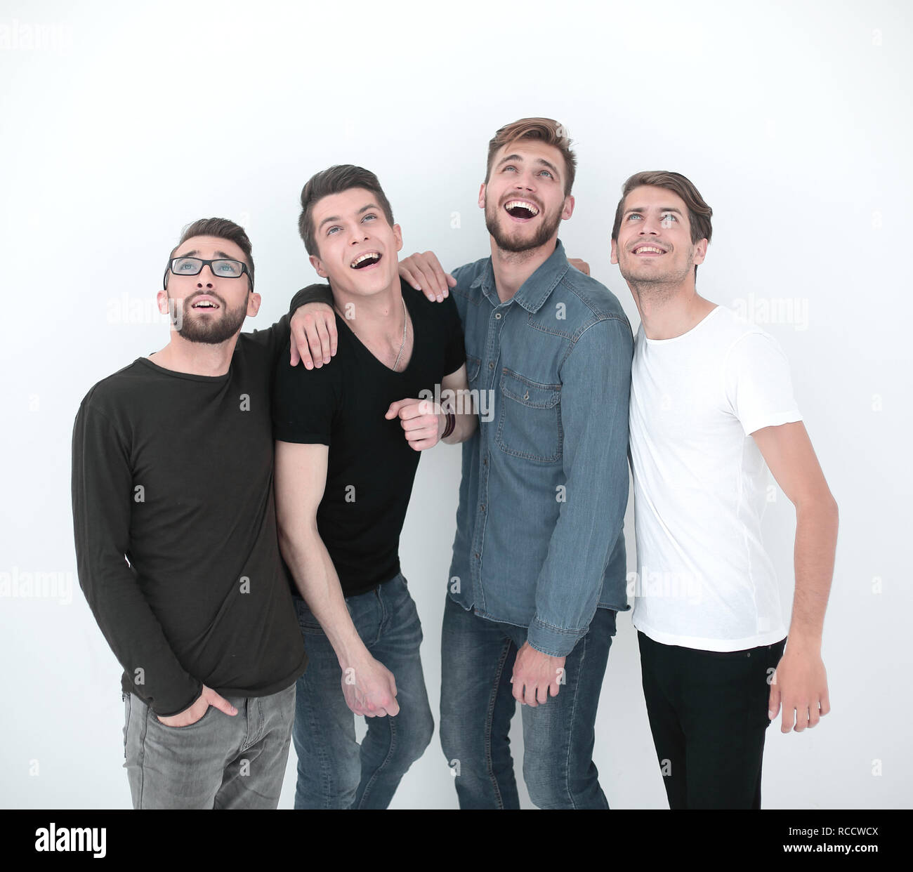 group of happy young men looking up Stock Photo - Alamy
