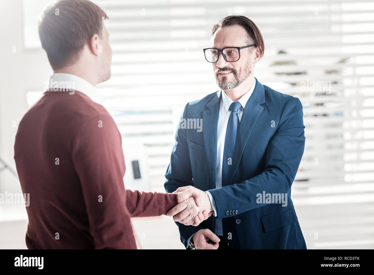 Pleasant male colleagues greeting Stock Photo - Alamy