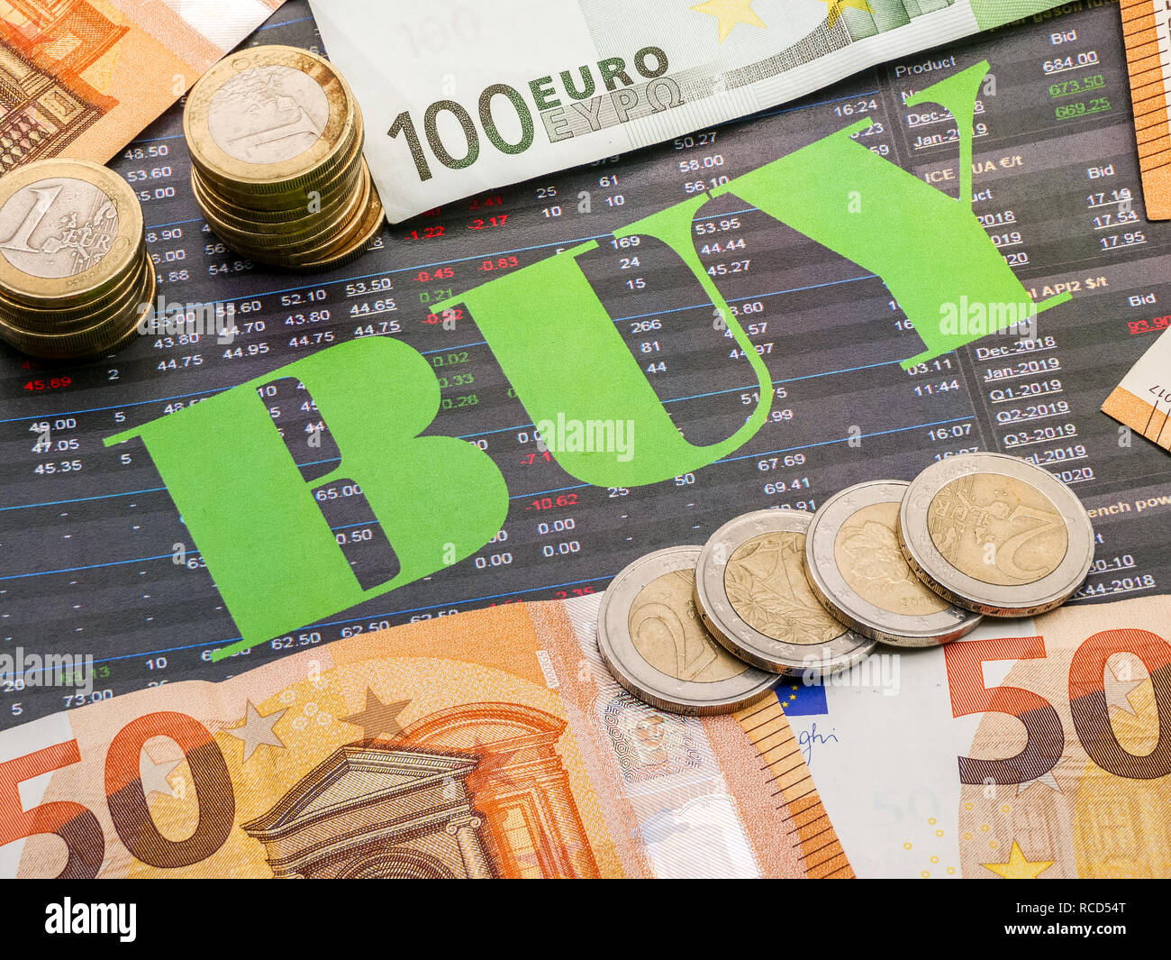Image of money and the word buy on investment paper Stock Photo - Alamy