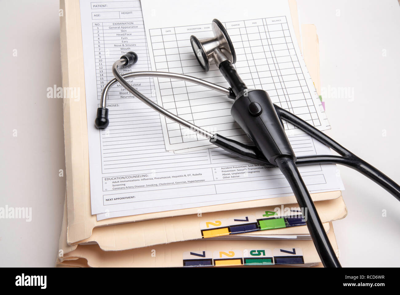 A stack of numbered and color coded medical records with blank doctor's ...