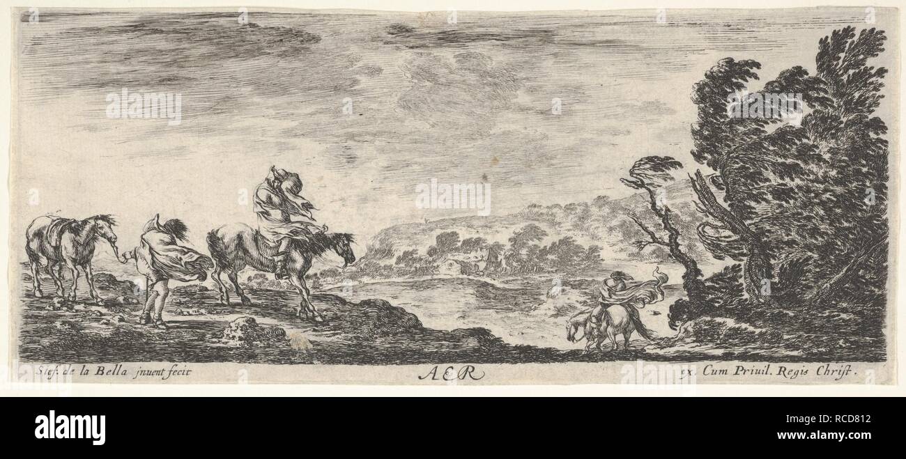 Air, a landscape during a hurricane, three horsemen battling the wind ...